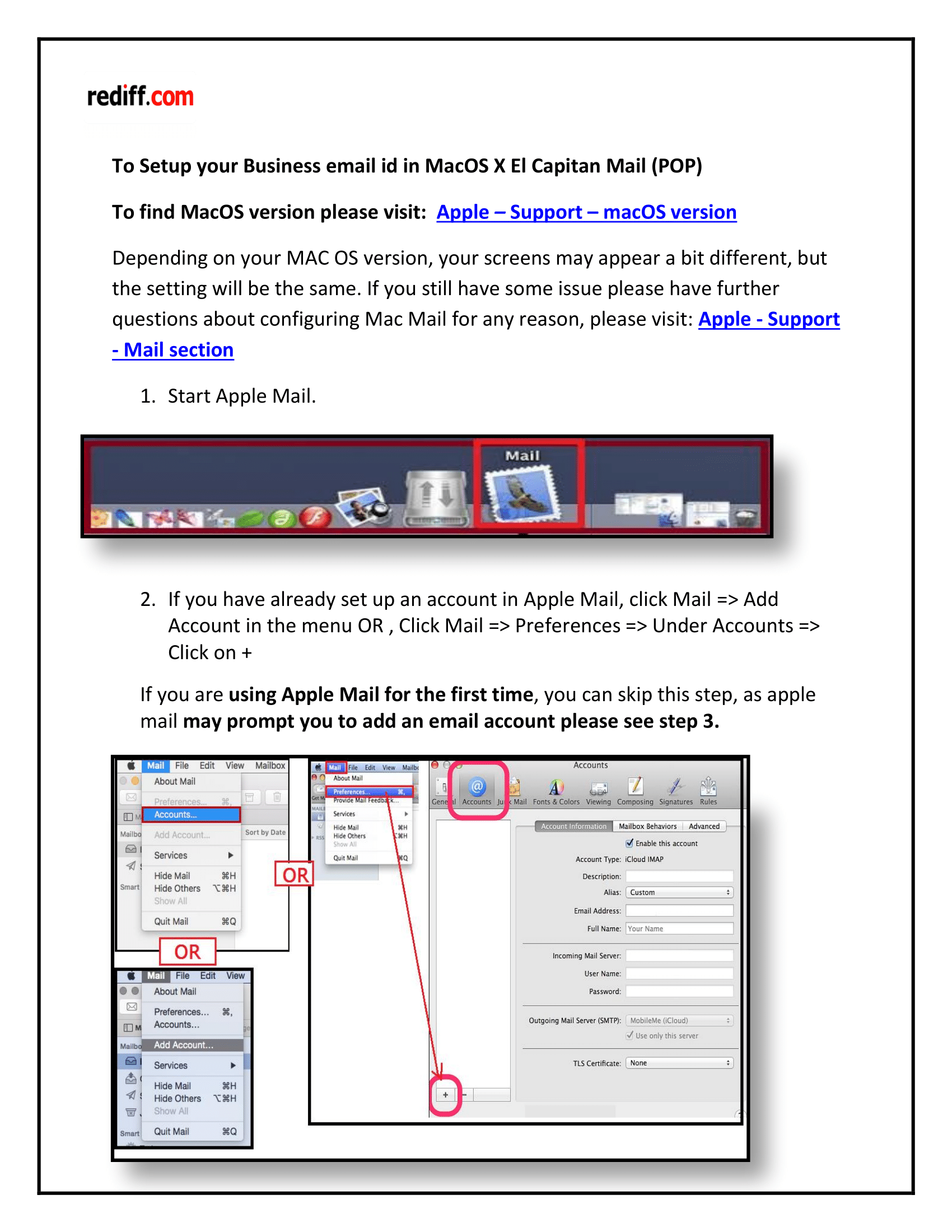 Setup MaccOS Sierra Mail - IMAP - Rediffmail Support